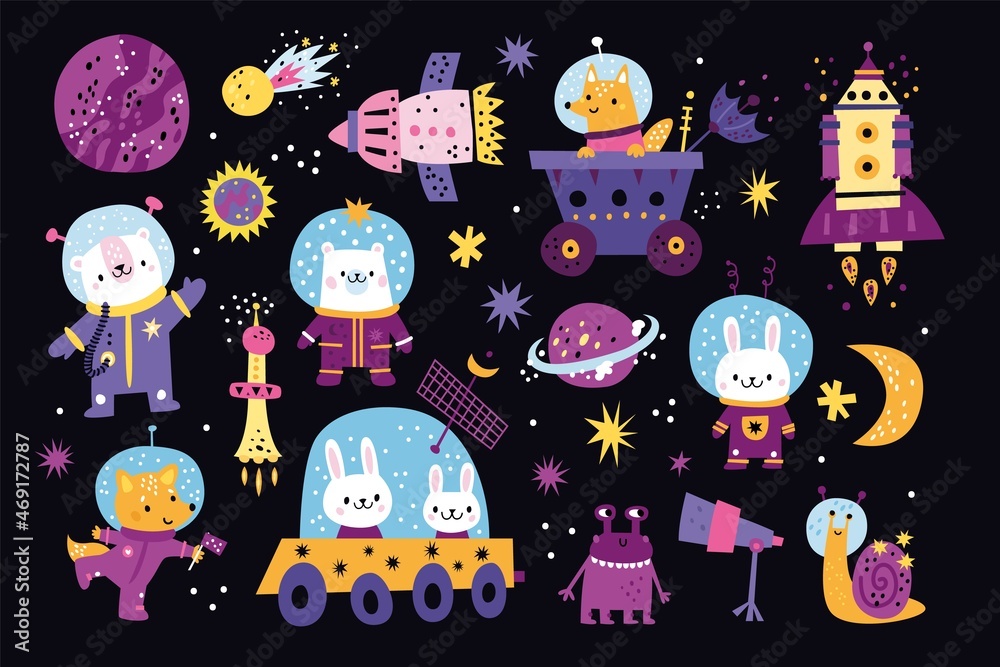 Animals in space. Cute fauna characters in astronauts spacesuits ...