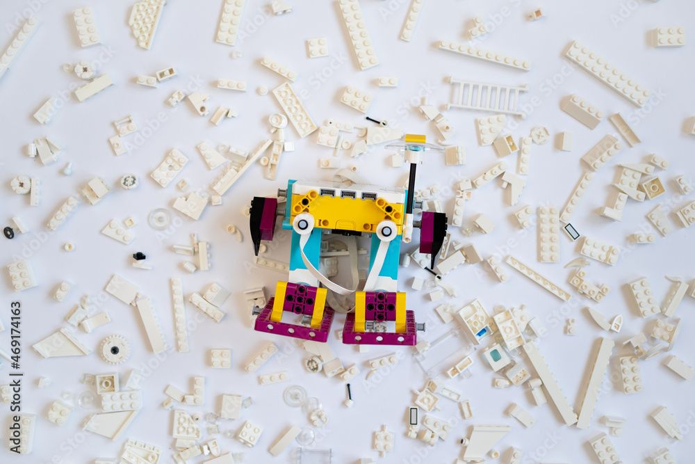 Minsk, Belarus. November, 2021. Lego robot background. STEM and STEAM ...