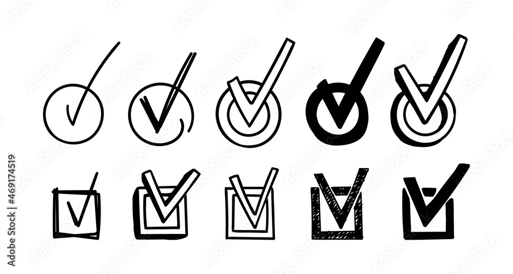 Set of round and square doodle checkboxes with tick. Hand-drawn ...