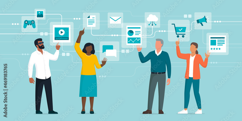 Users interacting with virtual interfaces and online services Stock ...