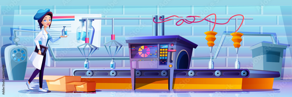 Cartoon factory conveyor belt with glass milk bottles. Woman ...