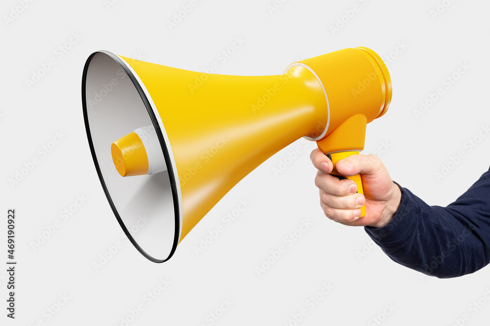 Loudspeaker in hand on white background. Loudspeaker as symbol of ...