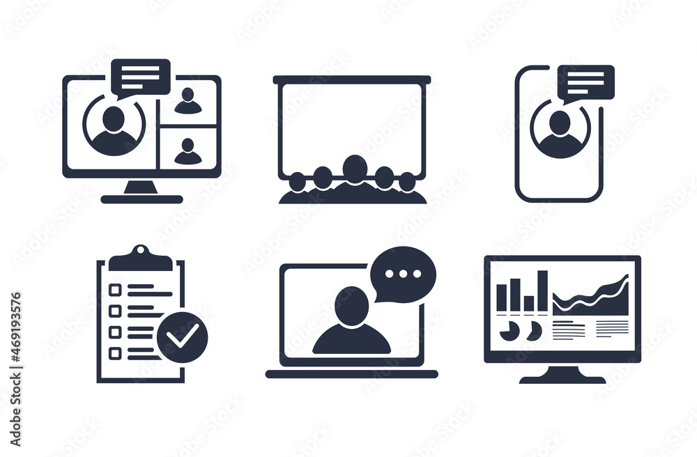 Video conference icon. People on computer screen. Home office in ...