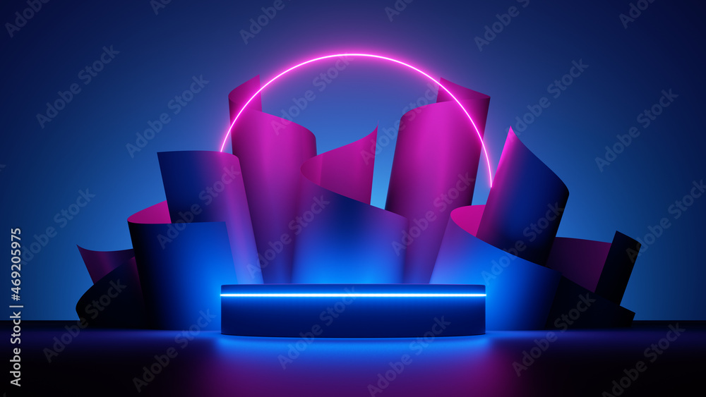 3d render, abstract fashion background with paper scrolls, round line ...