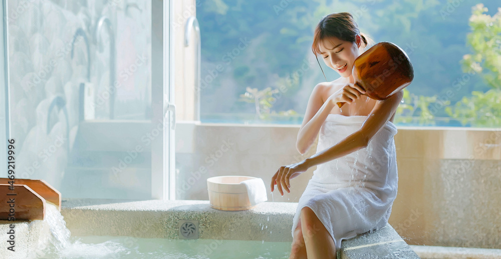 showering before hot spring bath Stock Photo | Adobe Stock