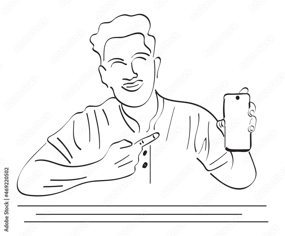 line art illustration of mobile user, Mobile Phone sketch, Line Drawing ...
