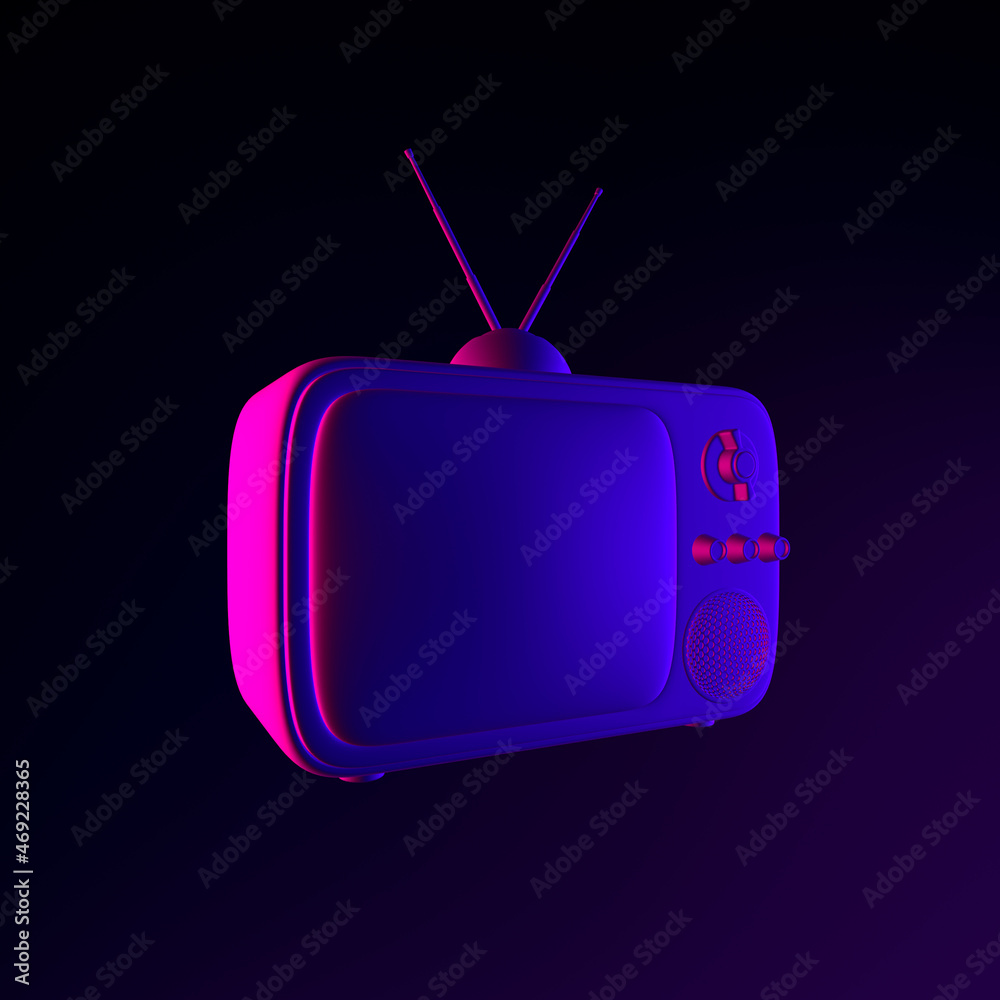Neon vintage TV icon. 3d rendering ui ux interface element. Dark ...