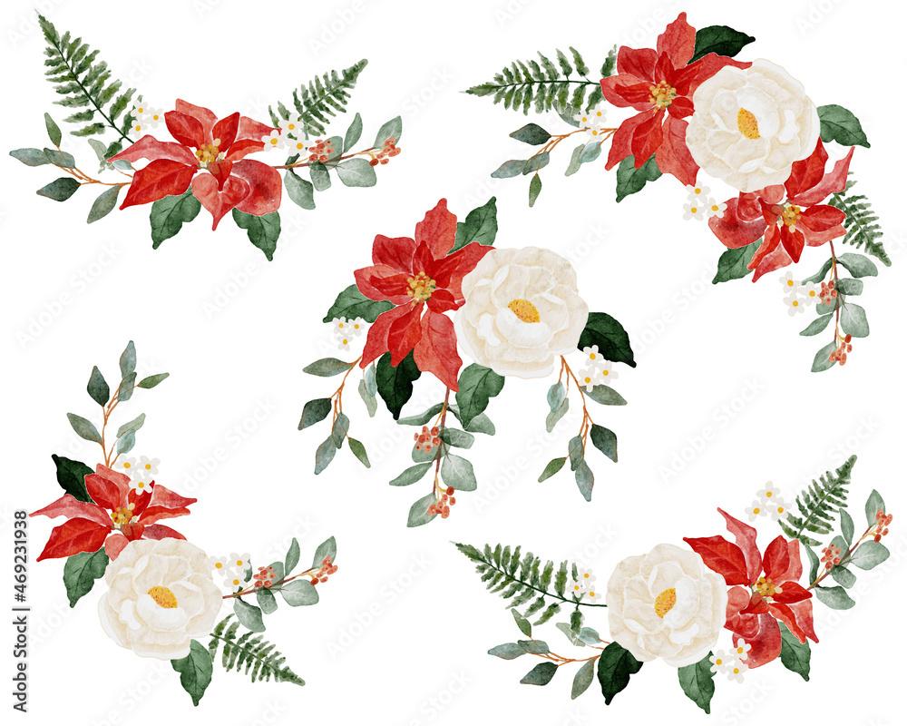 watercolor christmas flower bouquet wreath collection Stock Vector ...