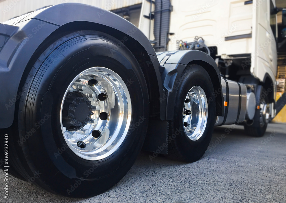 Rear of a Big Semi Truck Wheels Tires. Rubber. New Tyres with Chrome ...