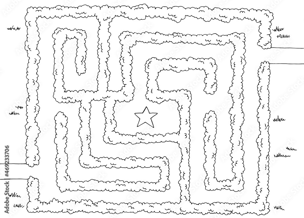 Garden maze bush graphic black white sketch top aerial view ...
