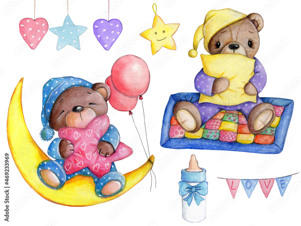 Cute cartoon teddy bear sitting, handing a pillow. Watercolor hand ...