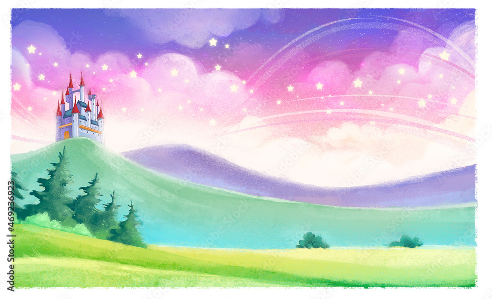 Illustration of landscape with magic castle Stock Illustration | Adobe ...