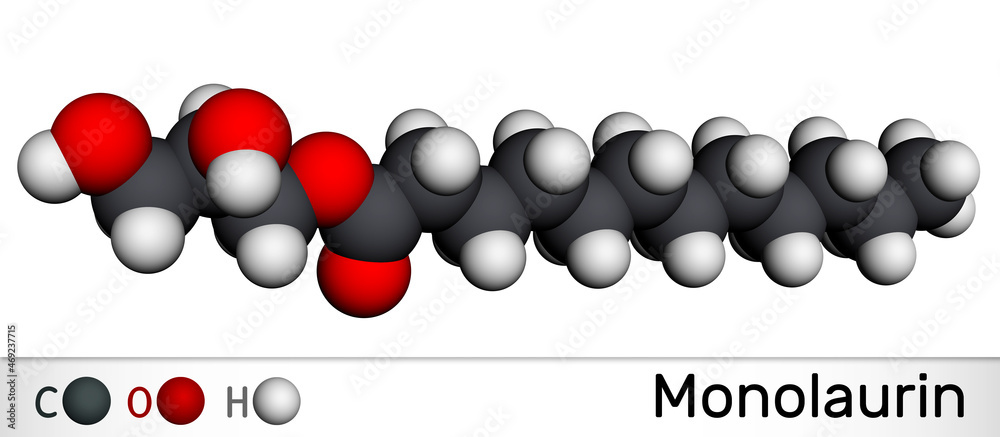 Monolaurin, glycerol monolaurate, glyceryl laurate molecule. It is ...