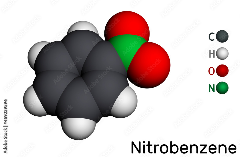 Nitrobenzene molecule. It is used in the manufacture of aniline, dyes ...