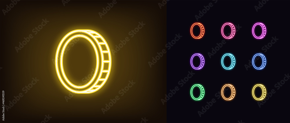 Outline neon coin icon. Glowing neon coin sign, token pictogram in ...