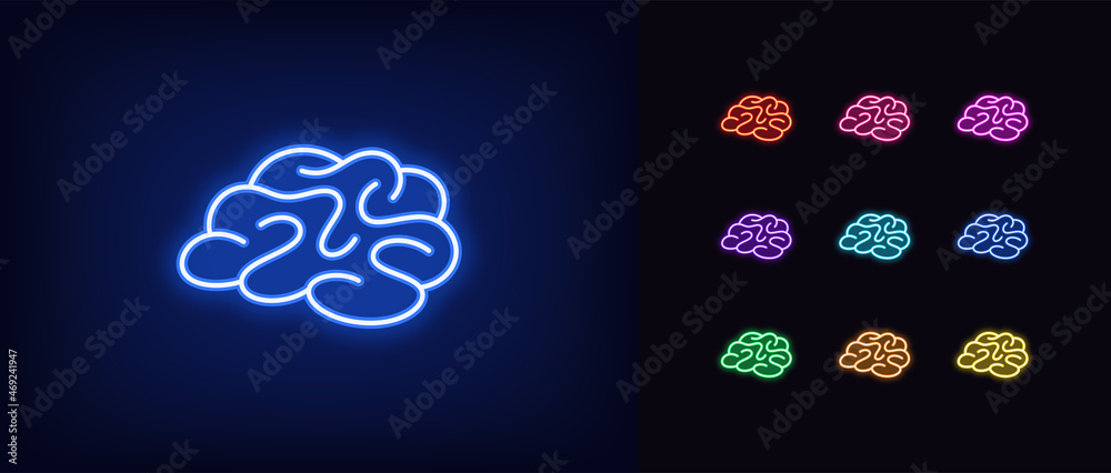 Outline neon brain icon. Glowing neon brain sign, intelligence ...