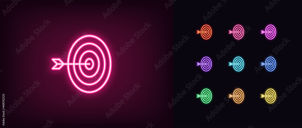 Outline neon target icon. Glowing neon target sign, aim pictogram in ...