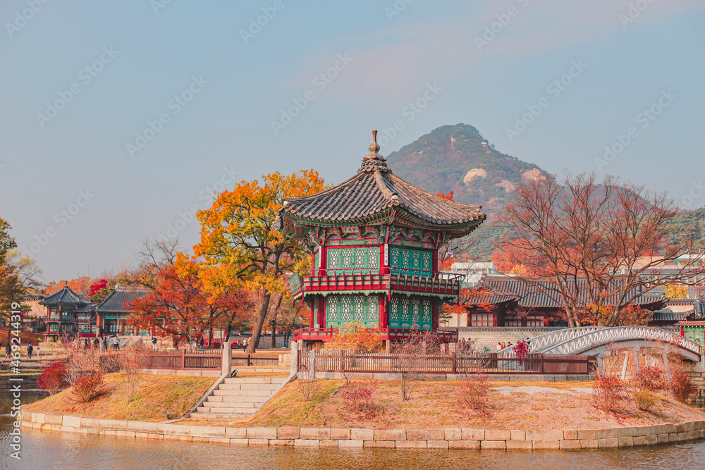 Hyangwonjeong Pavilion at Gyeongbokgung Palace in Korea Stock Photo ...