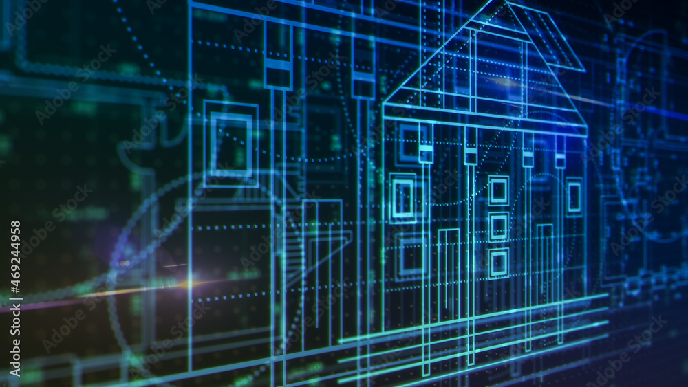 cad software concept, house blueprint, futuristic interface (3d render ...