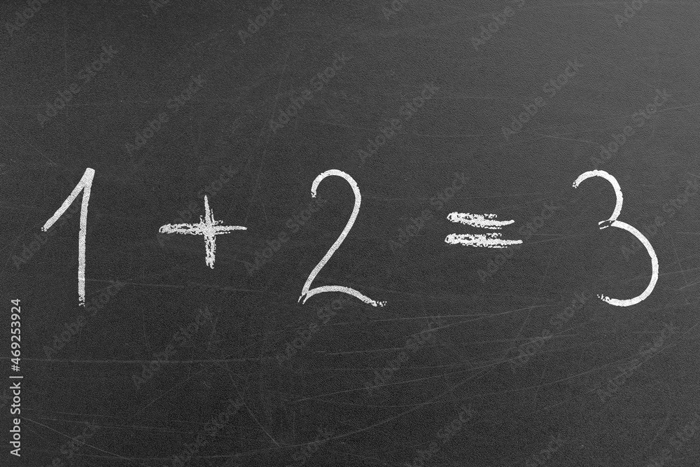 Simple math equation 1 plus 2 is 3 written on a chalkboard for pre ...
