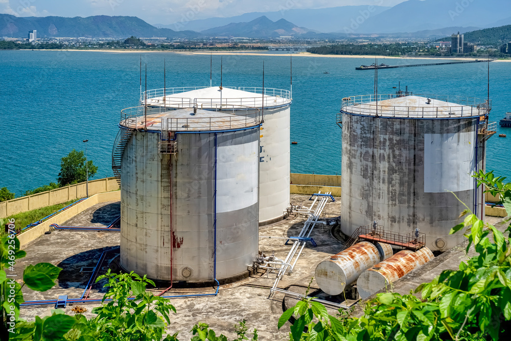 Aerial top view storage tank farm at Hai Van pass, Da Nang, VIetnam ...