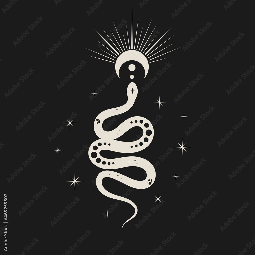 Celestial snake in the night sky with the moon and stars. Mystical and ...