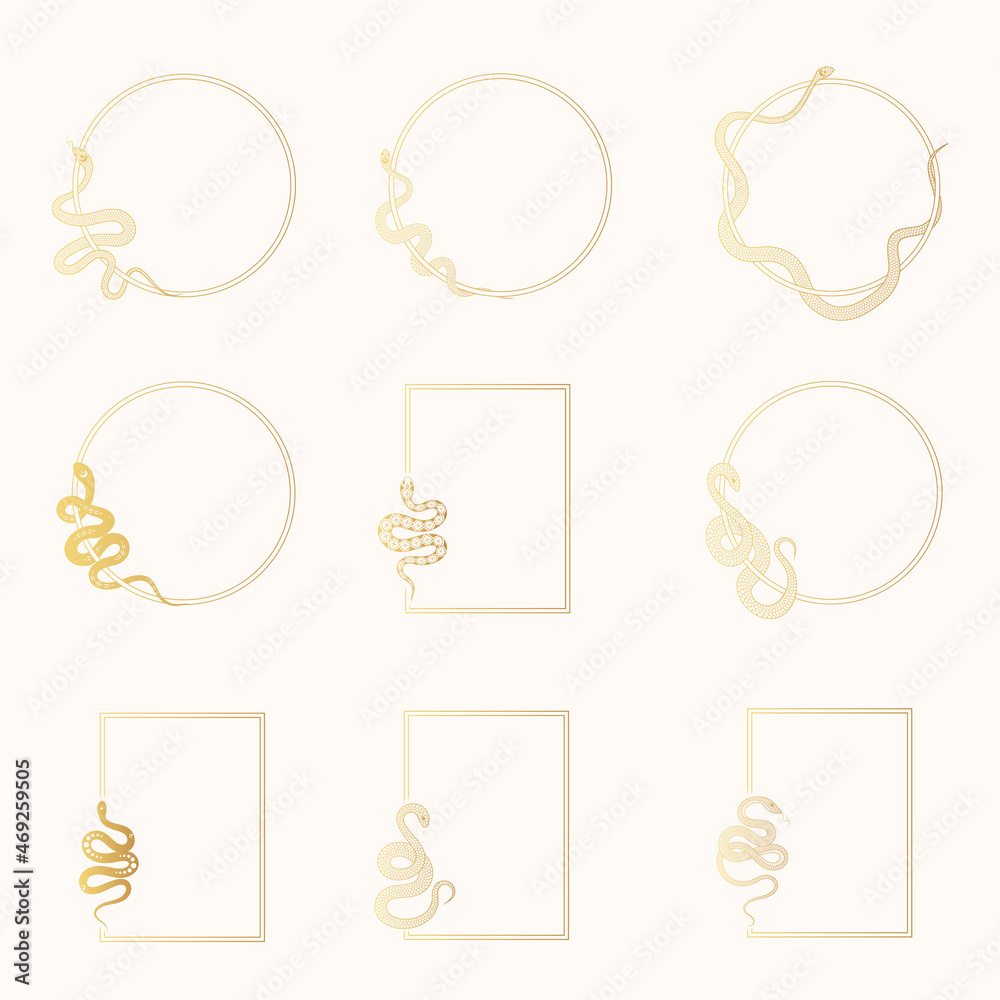 Hand drawn round and rectangular frames with snakes, serpents, pythons ...