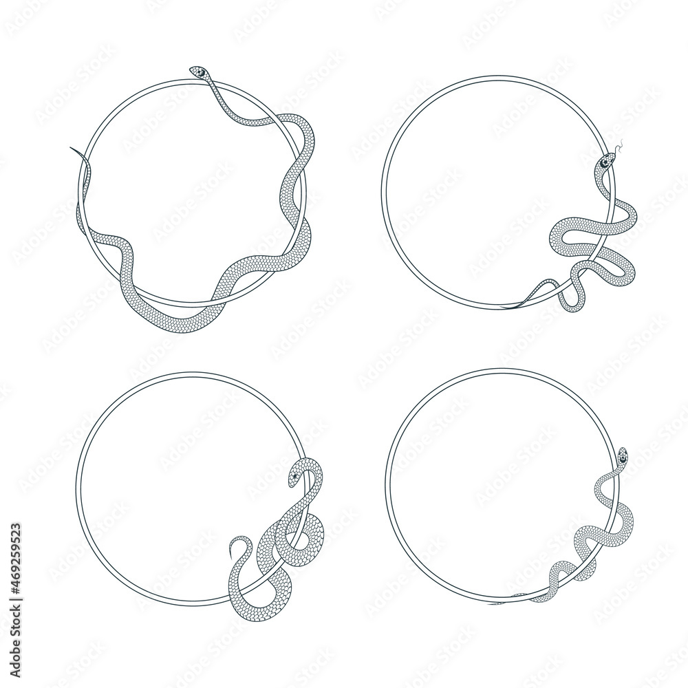 Hand drawn round frames with snakes. Mystical serpent borders for ...