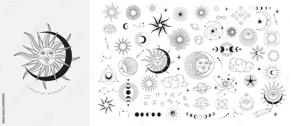 Set of celestial mystic esoteric magic elements sun moon and clouds ...
