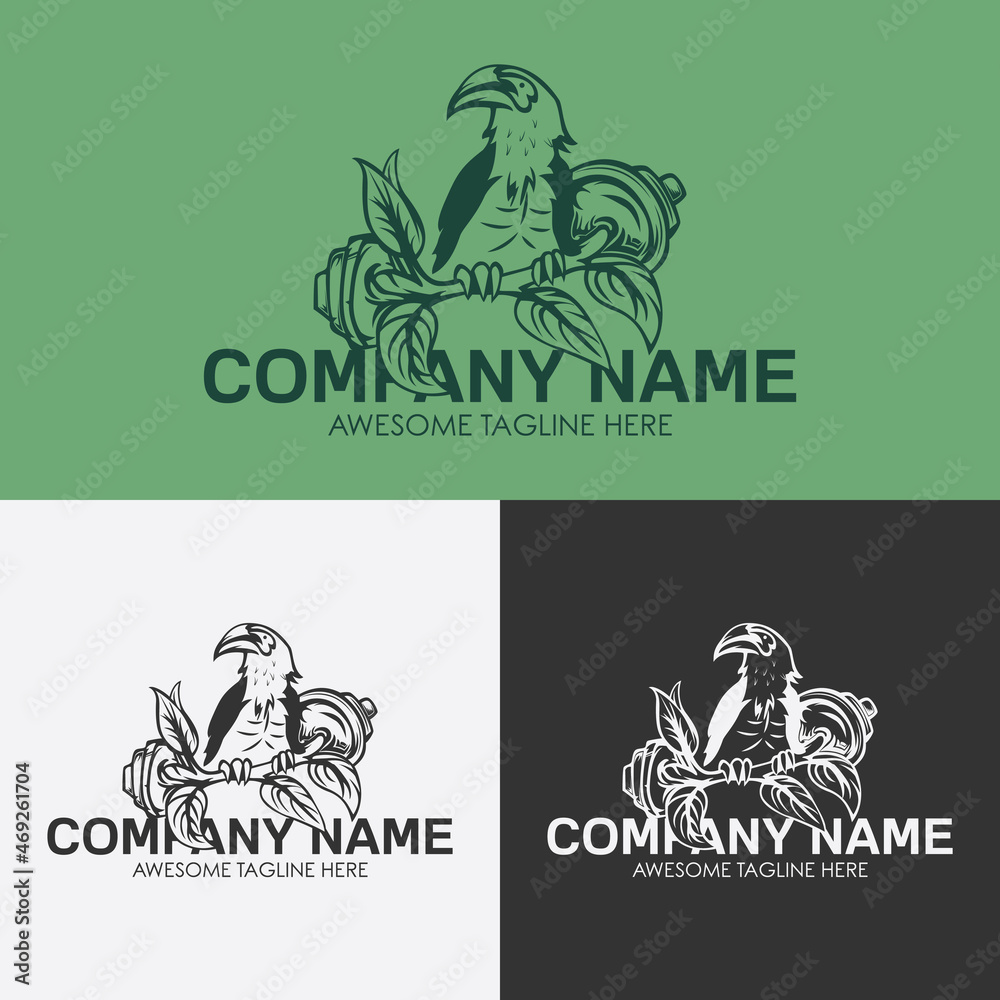Sturdy bird logo template with barbell and three black, white and green ...