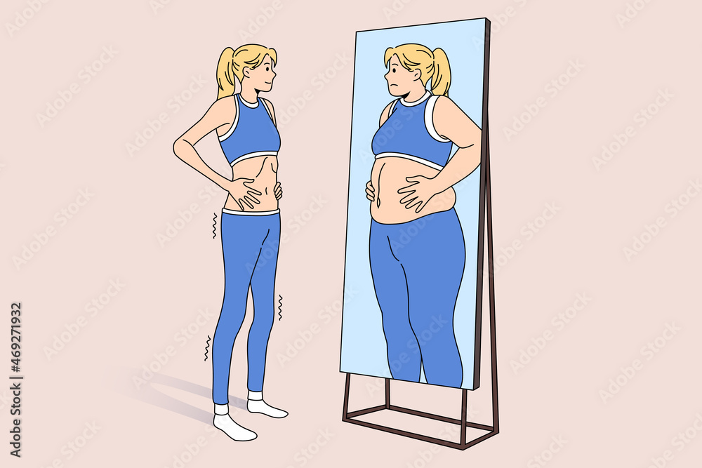Unwell Skinny Girl Look In Mirror See Fat Obese Reflection Upset Thin