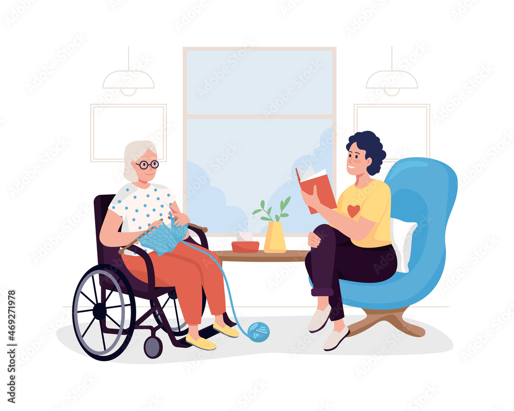Volunteer in nursing home 2D vector isolated illustration. Girl read to ...
