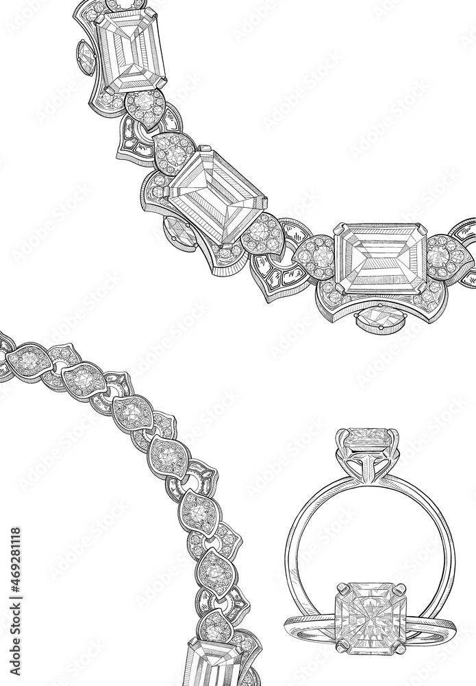 Pencil drawing of a necklace and a ring with precious stones on a white ...