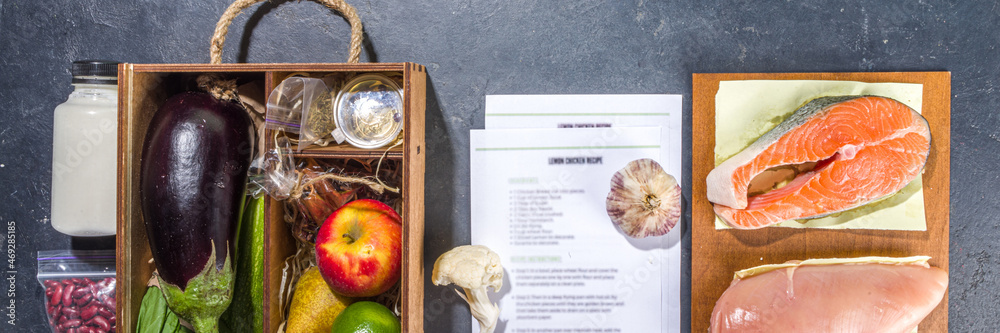 Meal Kit Delivery Concept. Set various healthy dishes food ingredients ...