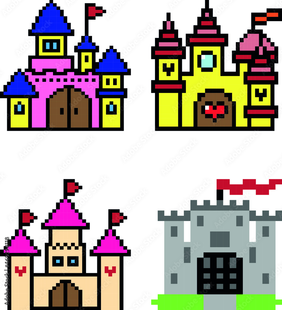 4 castle set vector illustration. cartoon castle pixel art. Stock ...