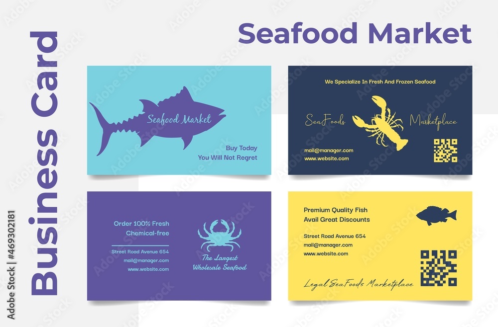 Sea food market business card set vector flat illustration. Seafood ...