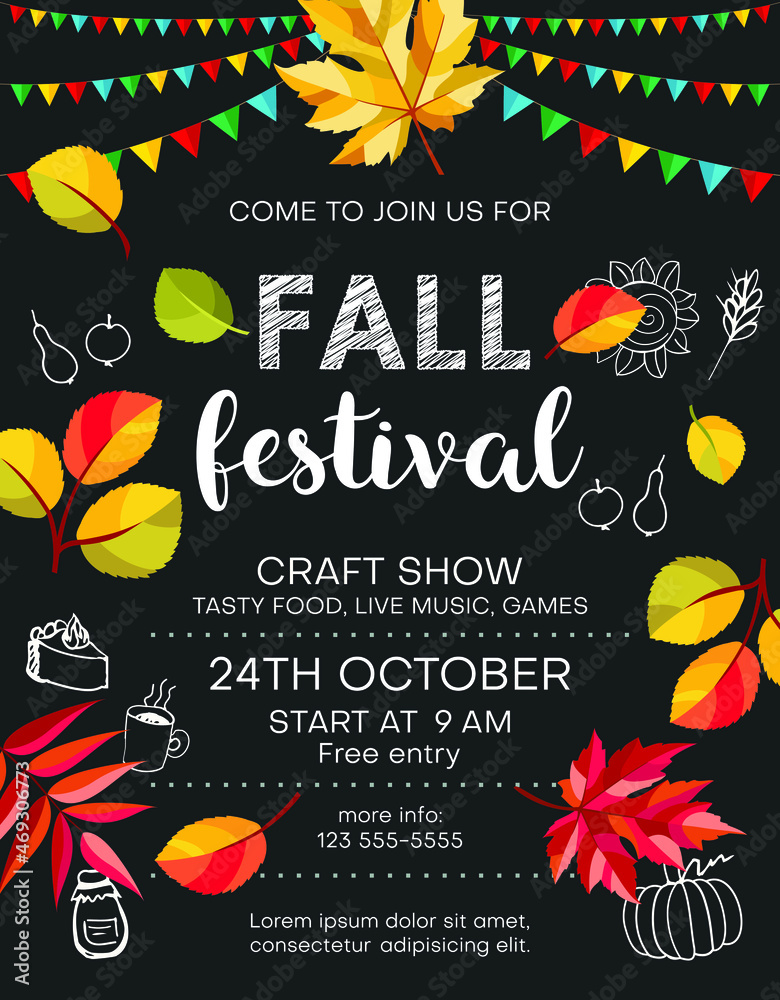 Fall festival announcing poster template with food icons and colorful ...