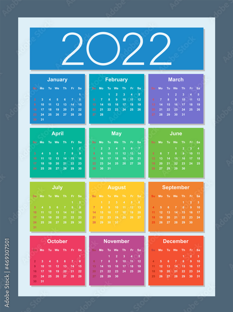 Colorful calendar for 2022 year. Week starts on Sunday. Vertical ...