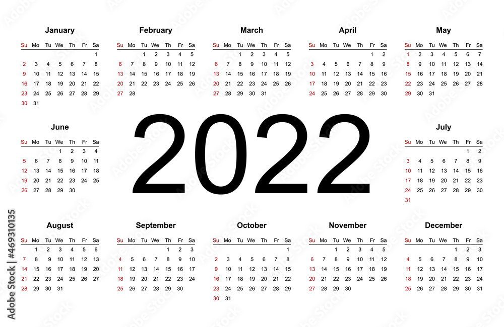 Calendar template for 2022 year. Week starts from Sunday. Isolated ...