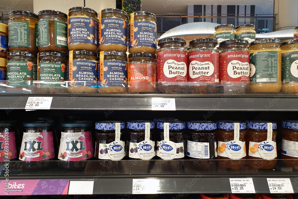 Various choices of spread jam, peanut butter and chocolate spread on ...