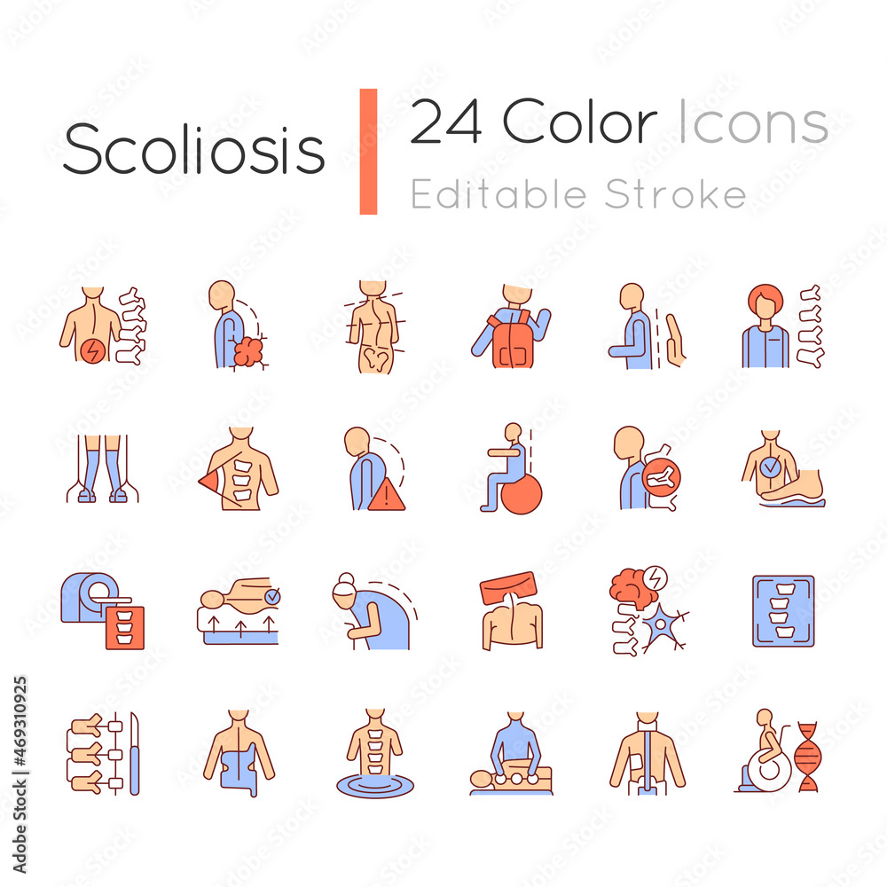 Scoliosis RGB color icons set. Scoliosis stages and types. Physical ...
