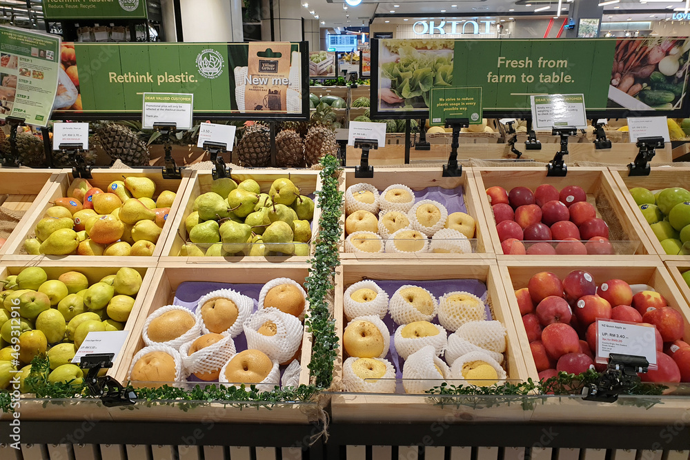 PENANG, MALAYSIA - 10 NOV 2021: Fresh organic fruits and vegetables ...