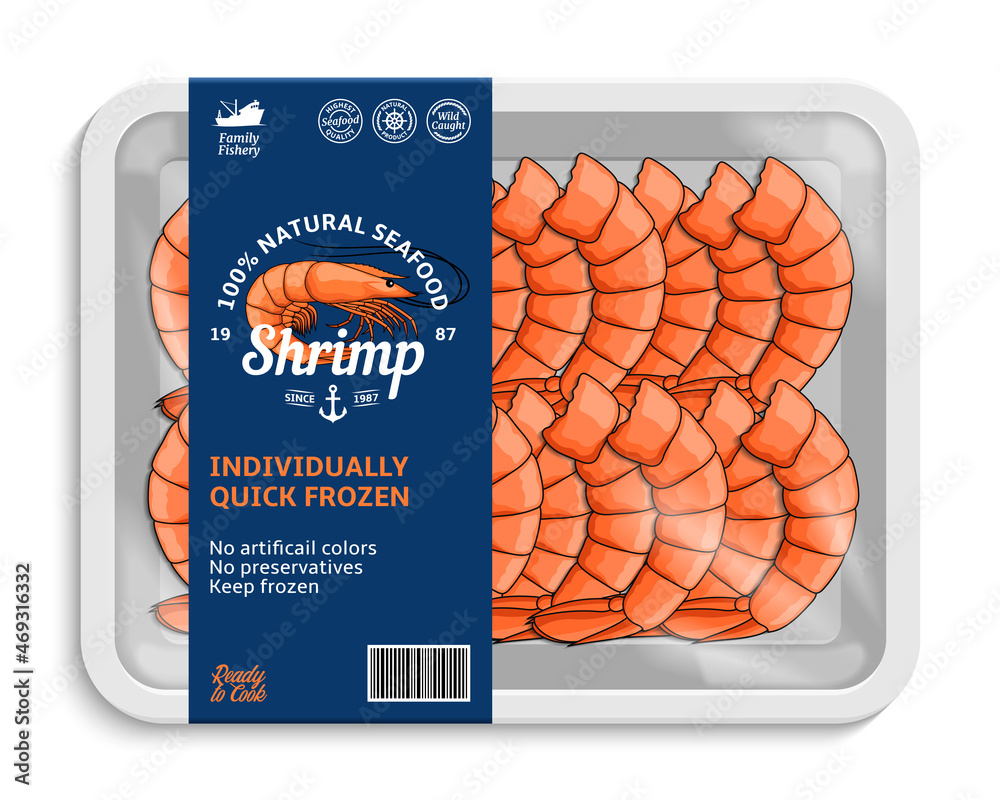 Vector shrimp label template, seafood package illustration. Prawn ...