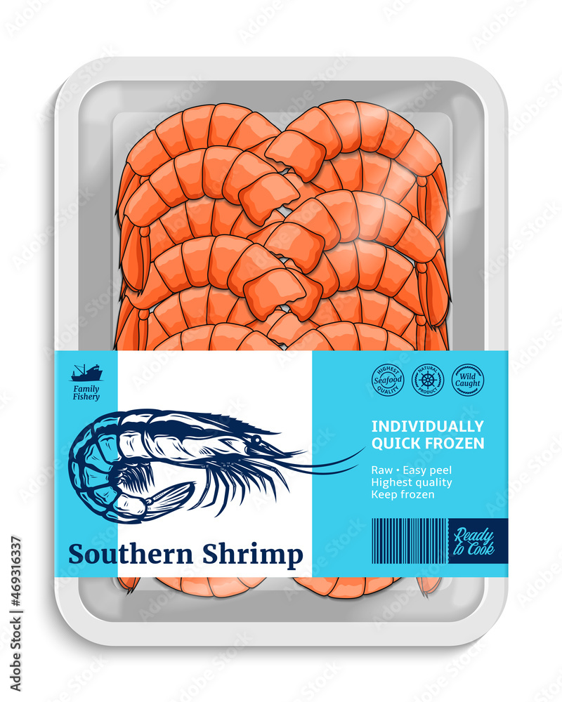 Vector shrimp label template, seafood package illustration. Prawn ...