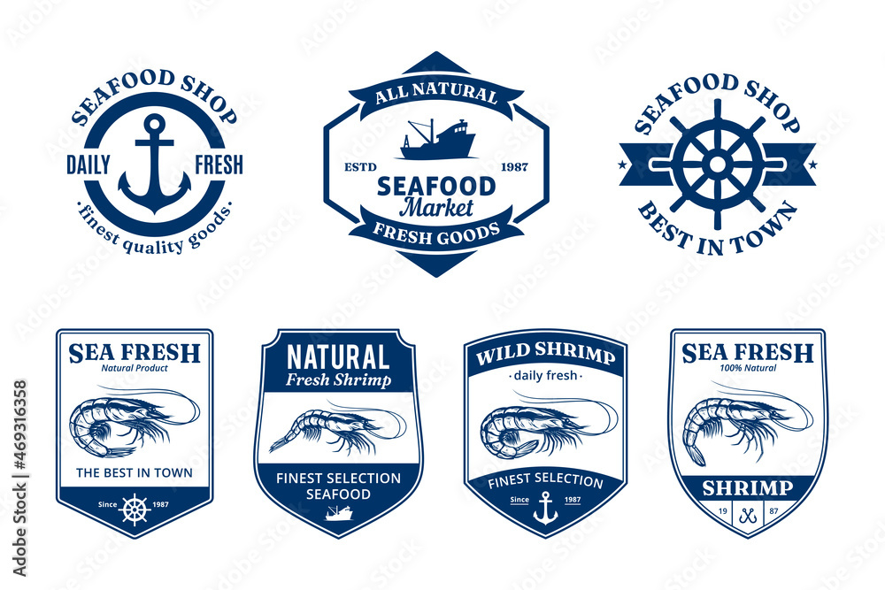 Vector shrimp label, seafood logo and prawn illustrations Stock Vector ...