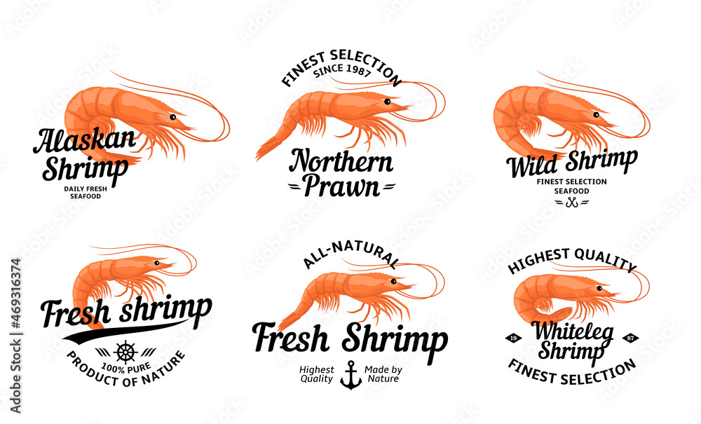 Vector shrimp logo and design elements, label templates and prawn icons ...