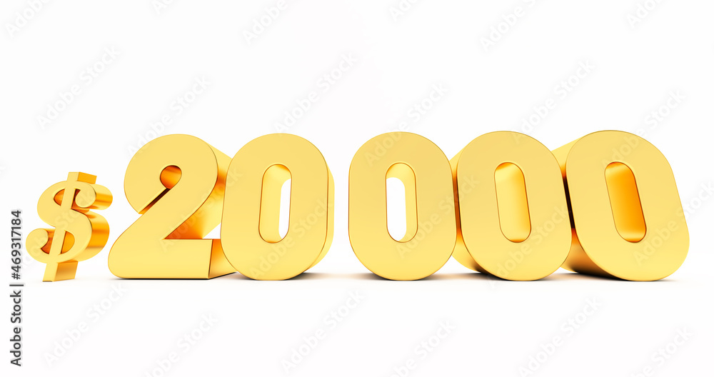 3d render of golden $20000 Dollar isolated on white background, gold ...