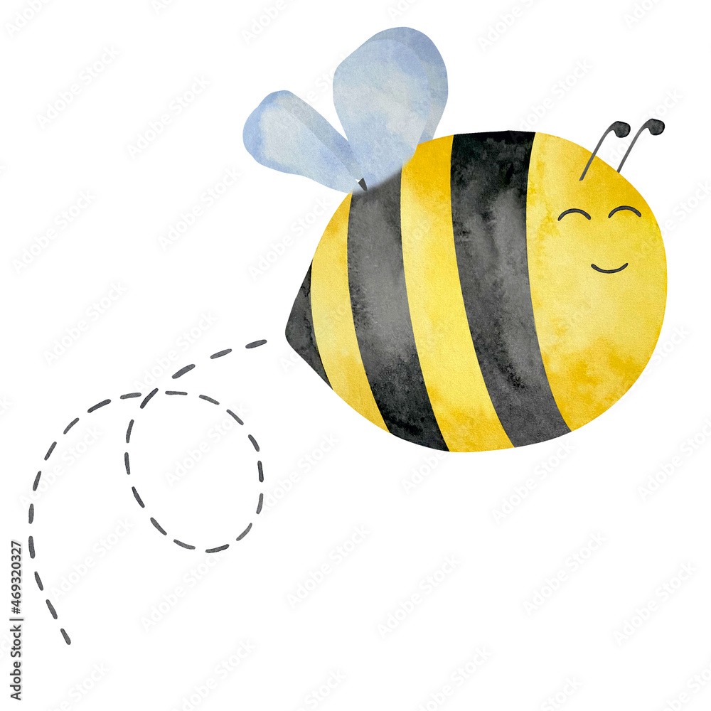 Watercolor cute bee with flight path, honey, summer theme. Honey design ...