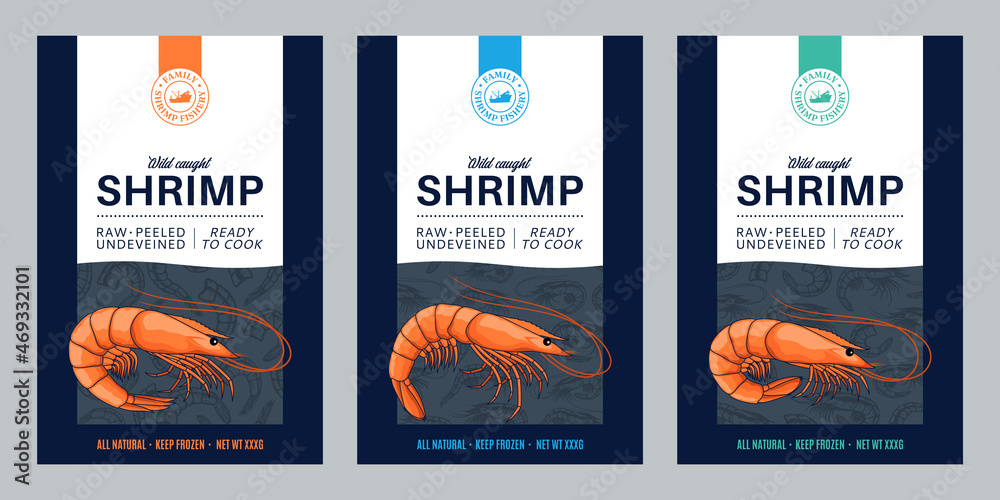 Vector shrimp label or package design. Seafood abstract design template ...