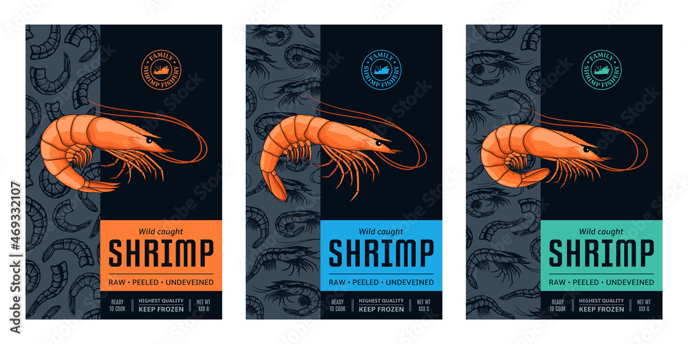 Vector shrimp label or package design. Seafood abstract design template ...
